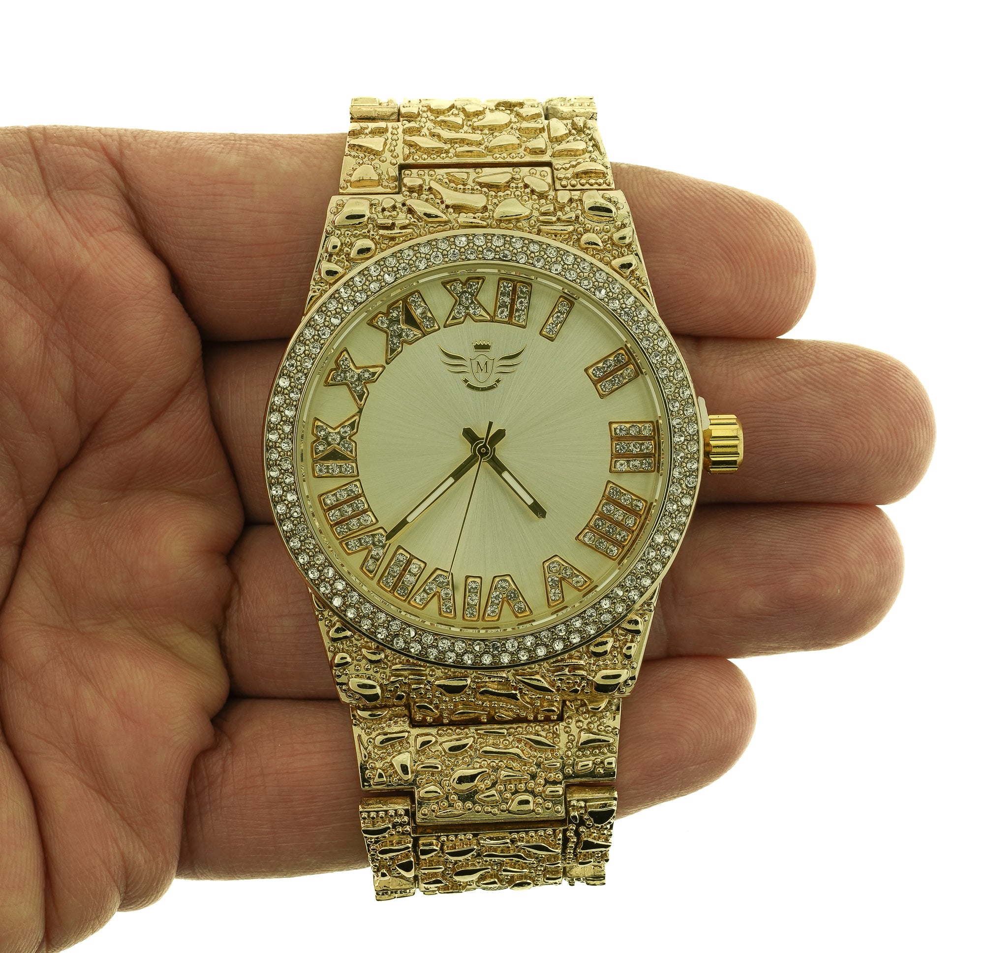 14K Gold Plated Nugget Watch Mens Iced CZ Hip Hop Gold Roman Numeral D ...