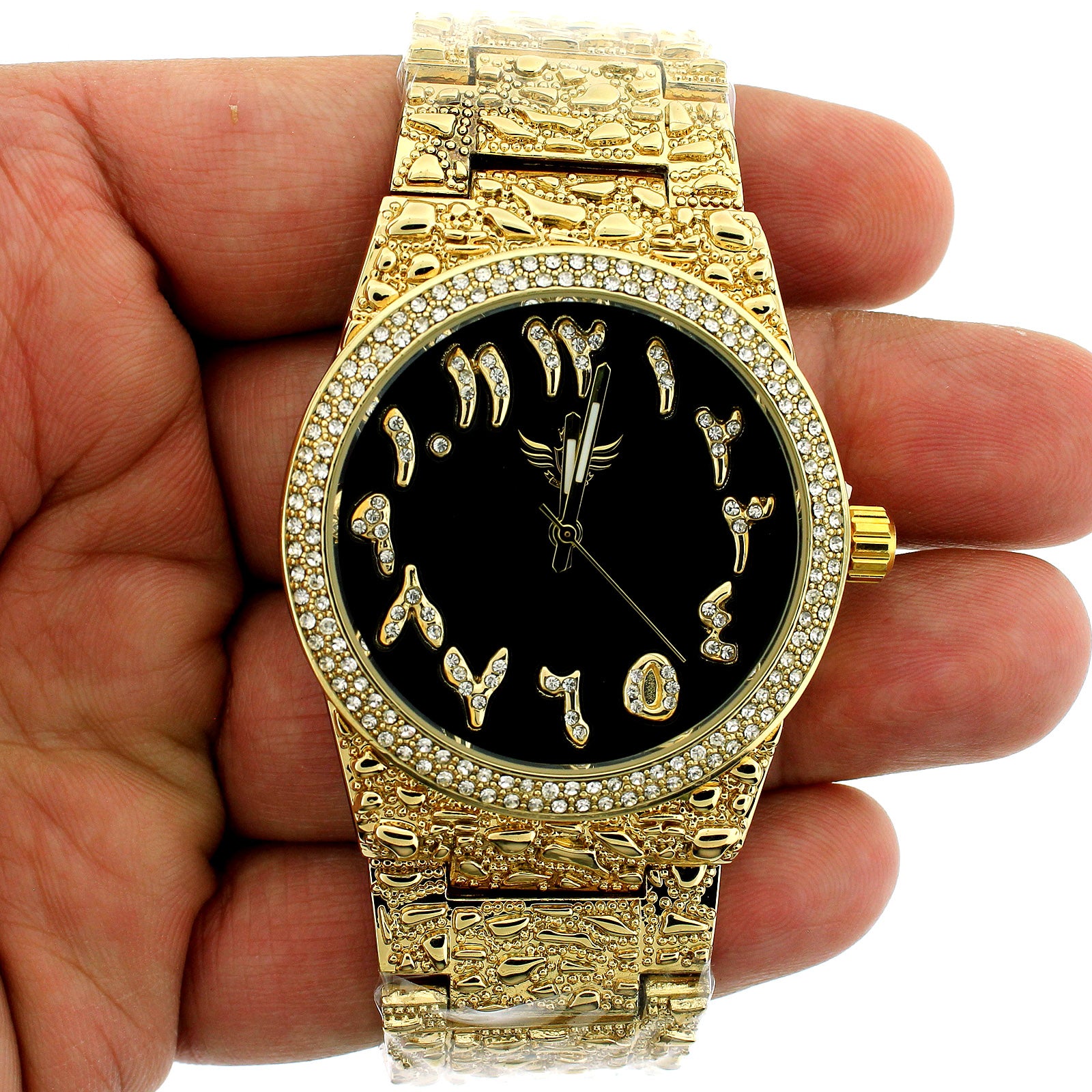14K Gold Plated Nugget Watch Real Mens Iced CZ Hip Hop Black Arabic Di ...