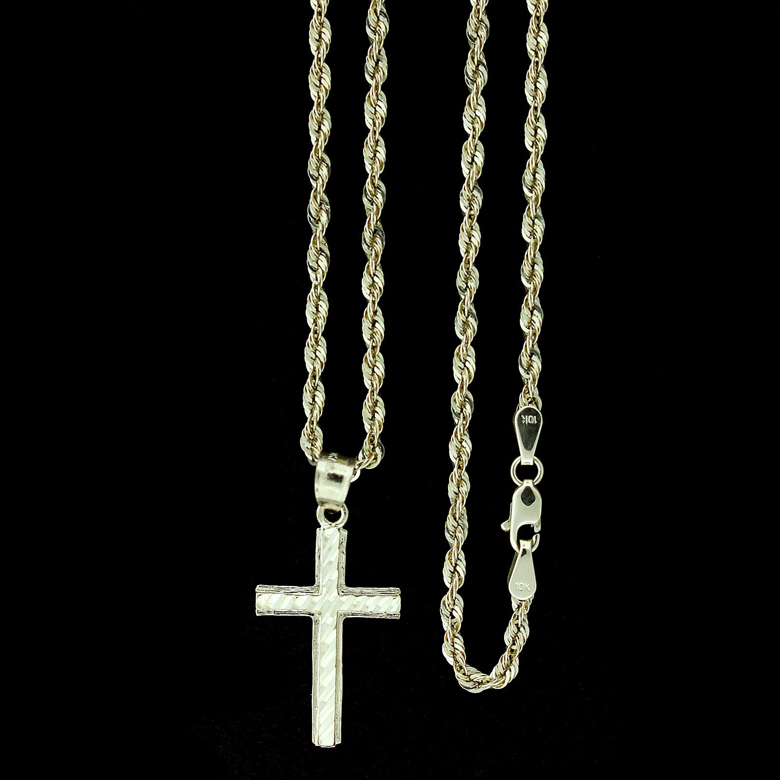 Real 10K Yellow Gold Jesus Cross Charm Pendant Diamond Cut & 2mm Rope ...